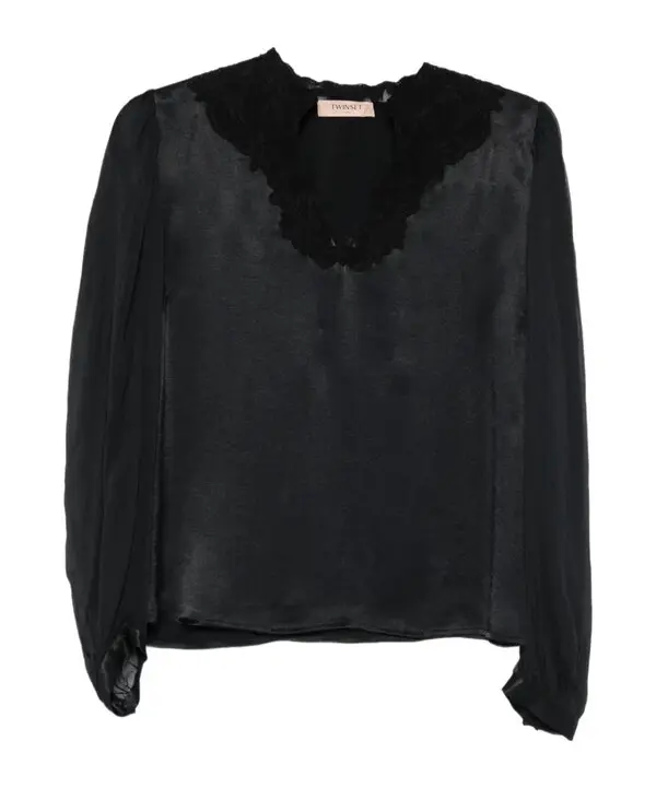 TWINSET Lace Trim V-neck Blouse - Black