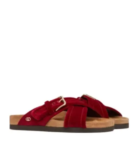 Valentino Garavani Fussfriend Velvet Slip-on Slides With Adjustable Buckle - Red