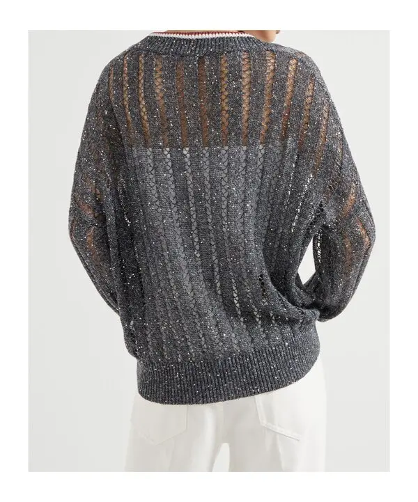 Brunello Cucinelli Openwork V-neck Jumper With Sequin Embellishments - Gray-blue
