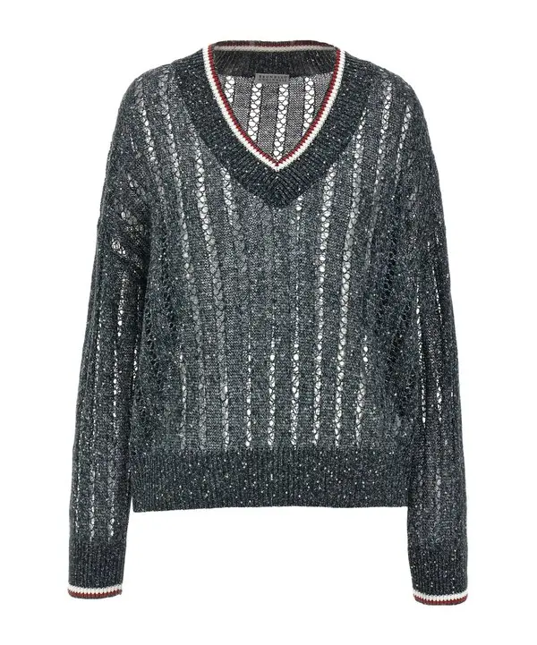 Brunello Cucinelli Openwork V-neck Jumper With Sequin Embellishments - Gray-blue