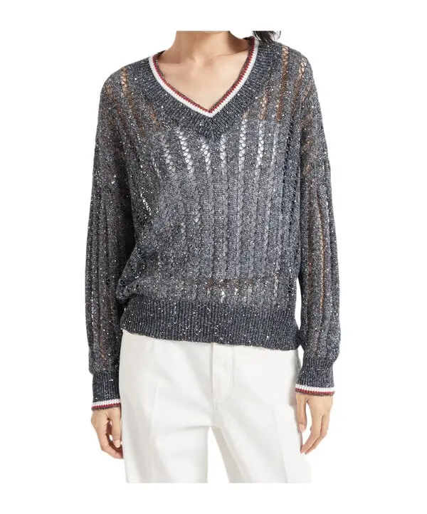 Brunello Cucinelli Metallic Openwork V-neck Jumper