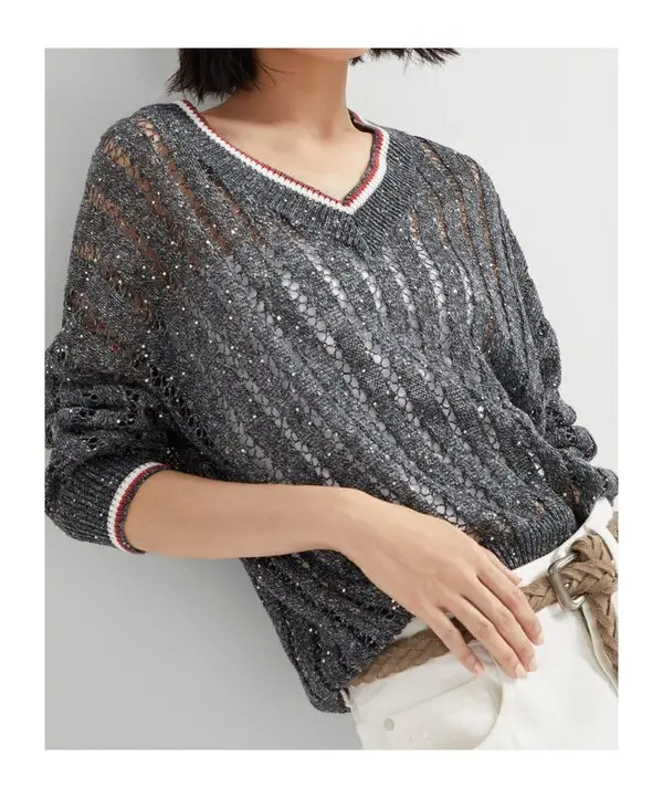 Brunello Cucinelli Metallic Openwork V-neck Jumper