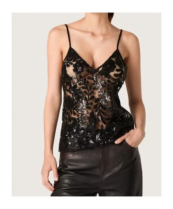 GOLDEN GOOSE Embellished Floral Tulle V-neck Top