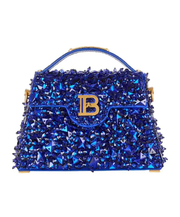 Balmain B-buzz Dynasty Bag In Leather And Embroidered Satin - Blue