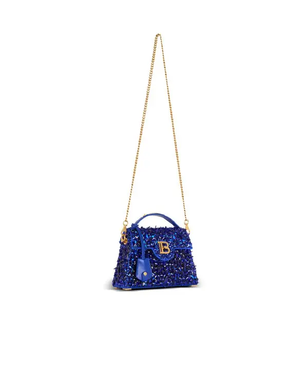 Balmain B-buzz Dynasty Bag In Leather And Embroidered Satin - Blue