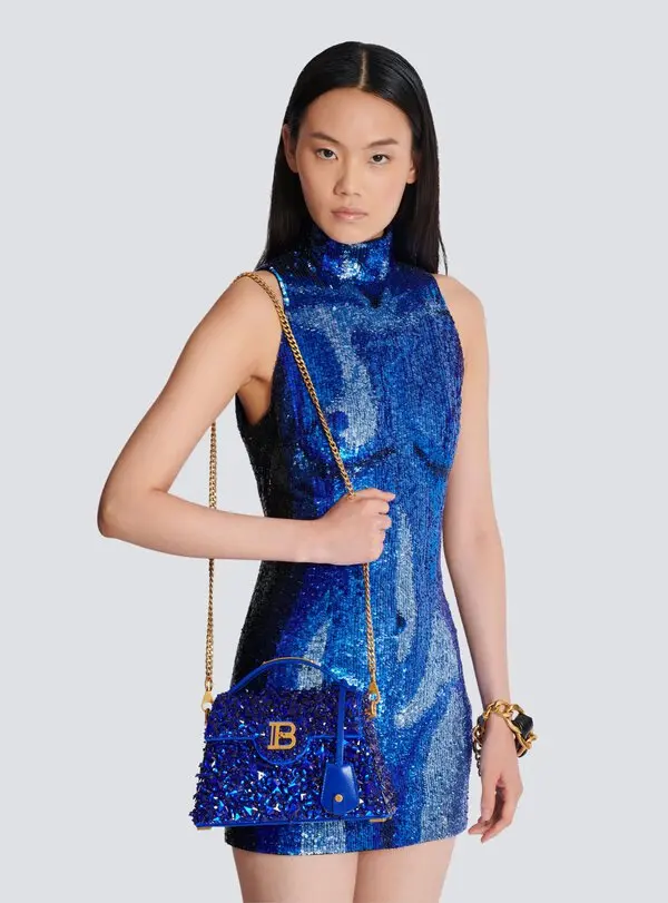 Balmain B-buzz Dynasty Bag In Leather And Embroidered Satin - Blue