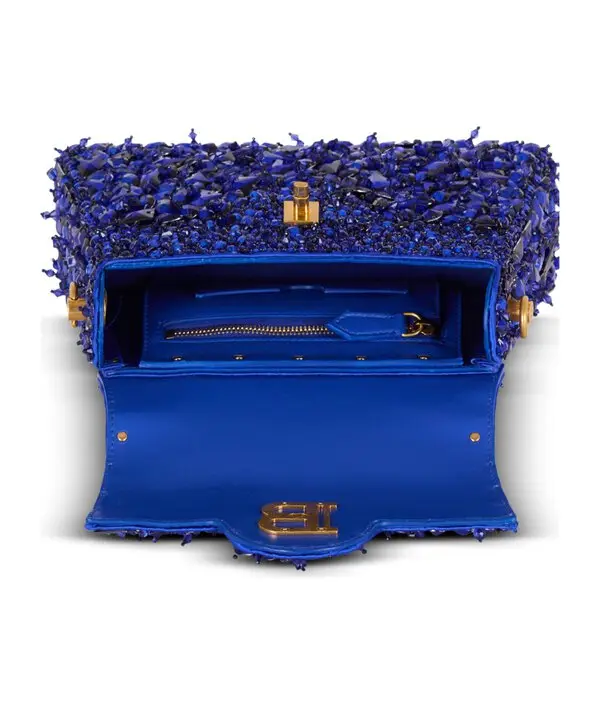 Balmain B-buzz Dynasty Bag In Leather And Embroidered Satin - Blue