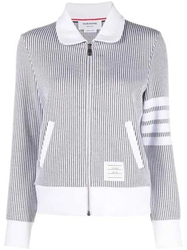 Thom Browne Zip-fastening Seersucker Jacket With Signature Stripes - Light Gray