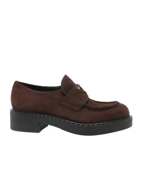Prada Suede Round Toe Loafers With Logo Detail