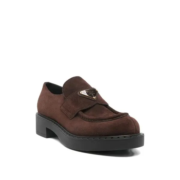 Prada Suede Round Toe Loafers With Logo Detail