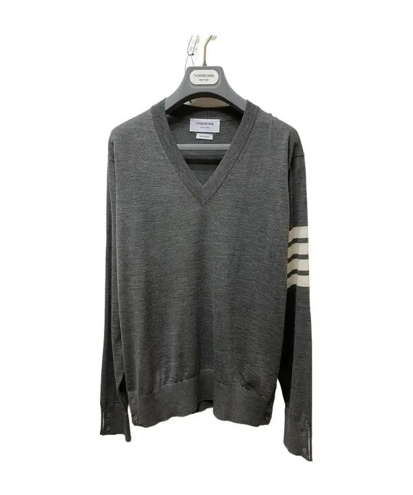 Thom Browne Stripe-detail V-neck Jumper - Medium Gray