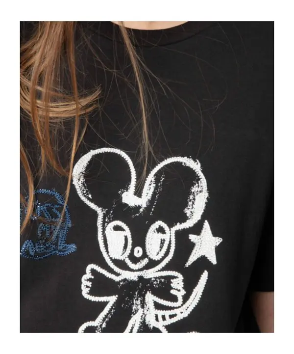 Zadig&Voltaire Edwin" Oversized Organic Cotton T-shirt With Rhinestone Mouse Motif - Black