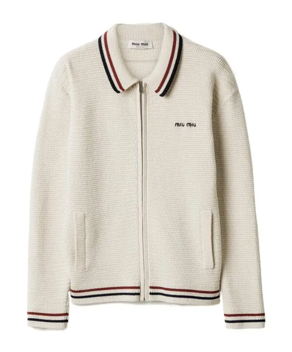 Miu Miu Cotton Knit Zipper Cardigan With Crochet Motif - No