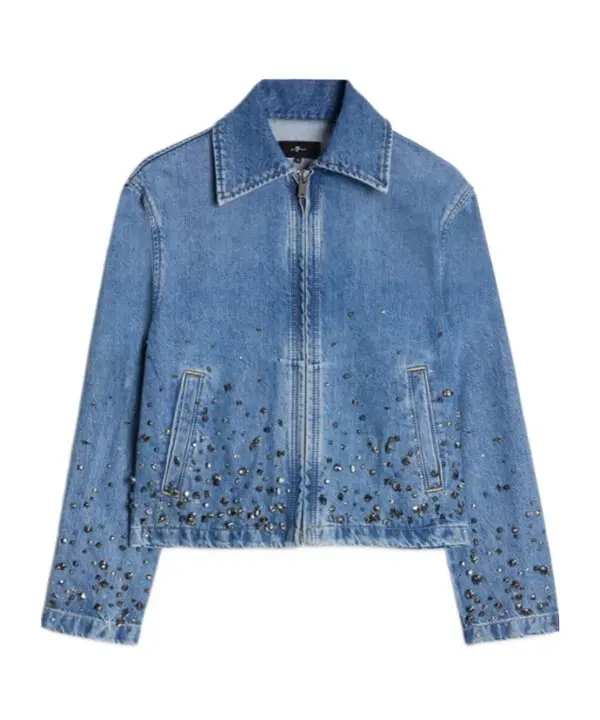 7 For All Mankind Embellished Zipped Denim Jacket - Medium Blue