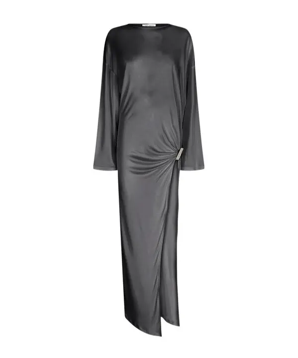 Attico Long-sleeved Crewneck Dress With Side Slit - Dark Grey