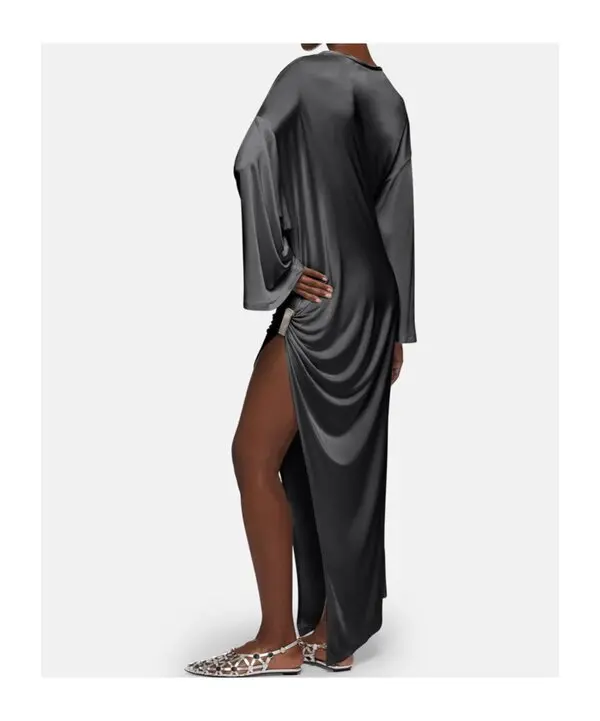 Attico Long-sleeved Crewneck Dress With Side Slit - Dark Grey