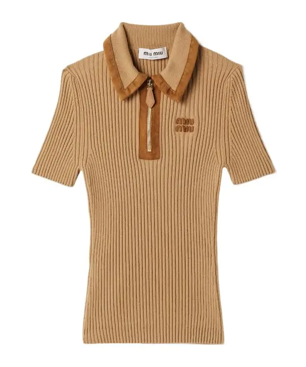 Miu Miu Short-sleeved Ribbed Polo Shirt With Zip Closure