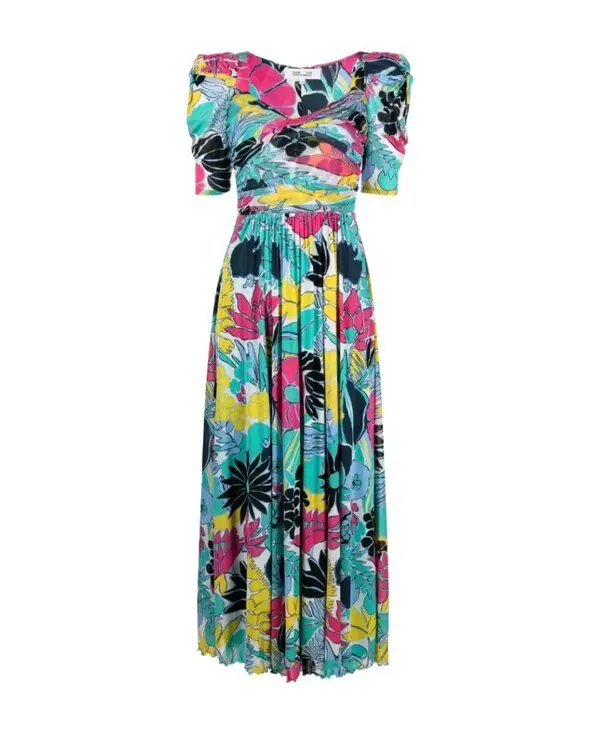 Diane Von Furstenberg Printed Round Neck Short Sleeve Maxi Dress