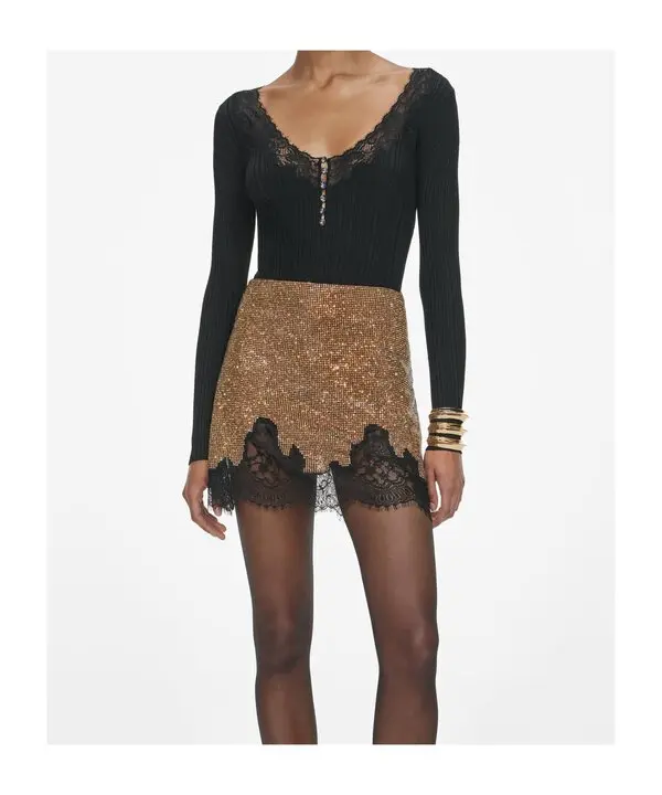 SELF-PORTRAIT Lace Trim Knit Top - Black