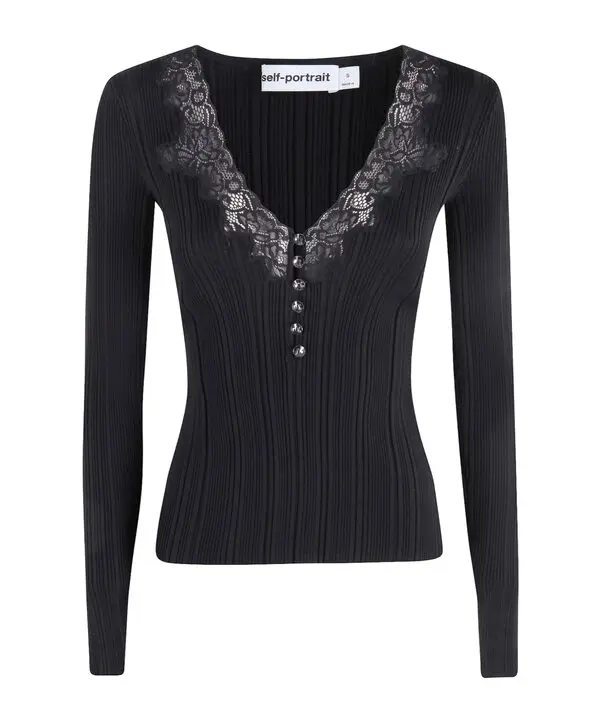 SELF-PORTRAIT Lace Trim Knit Top - Black