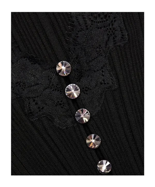 SELF-PORTRAIT Lace Trim Knit Top - Black