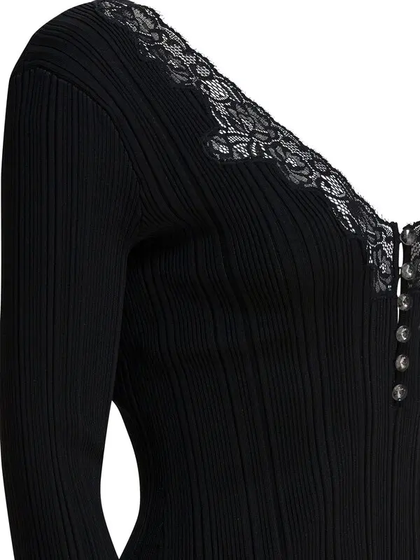 SELF-PORTRAIT Lace Trim Knit Top - Black