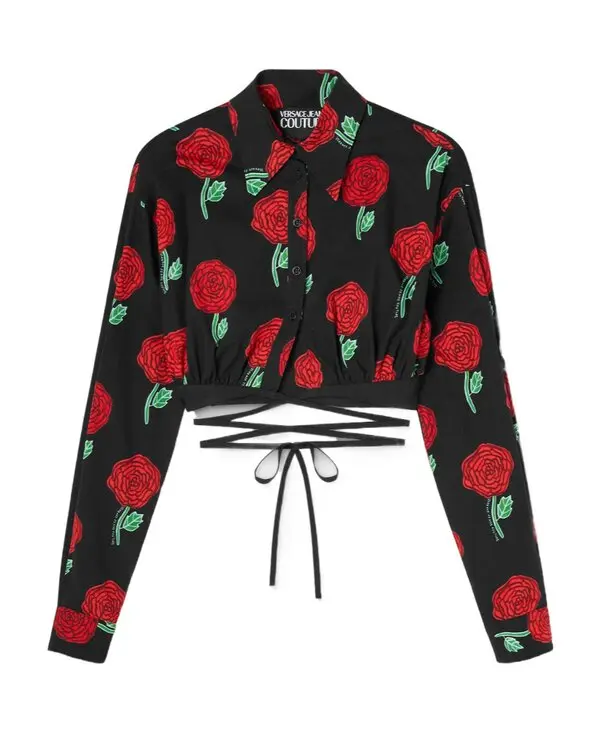 Versace Floral-printed Cropped Buttoned Blouse - Black