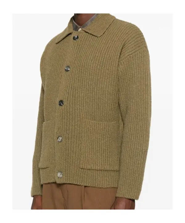 AMI Paris Ribbed Cardigan With Lapel Collar - Brown