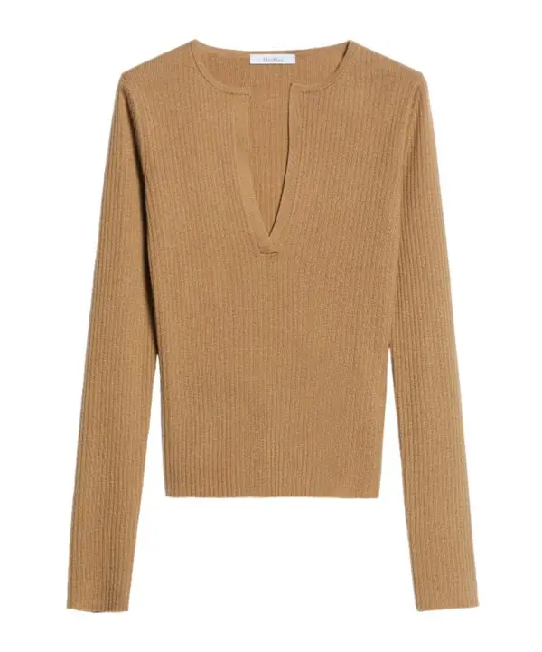Max Mara V-neck Long-sleeved Ribbed Top - Camel