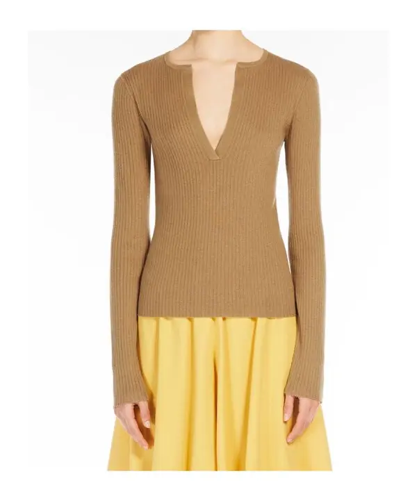 Max Mara V-neck Long-sleeved Ribbed Top - Camel