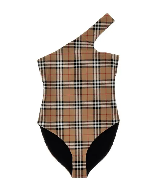 Burberry Checked One-shoulder Swimsuit - Brown