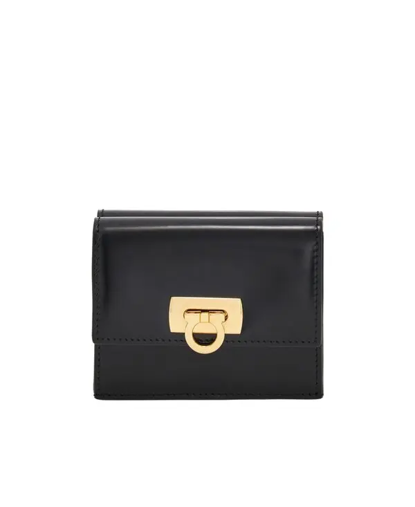FERRAGAMO Gancini Clasp Compact Wallet - Black