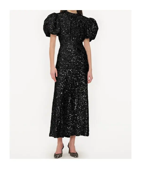 ROTATE BY BIRGER CHRISTENSEN Sequin Embellished Midi Dress With Bubble Sleeves And Backless Detail