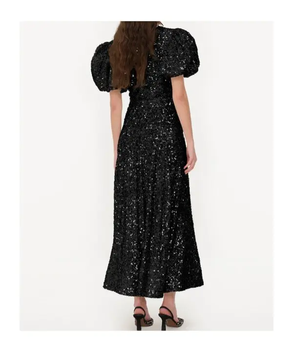 ROTATE BY BIRGER CHRISTENSEN Sequin Embellished Midi Dress With Bubble Sleeves And Backless Detail