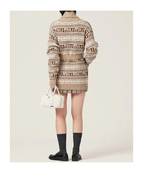 Miu Miu Button-up Belted Cardigan With Jacquard Logo