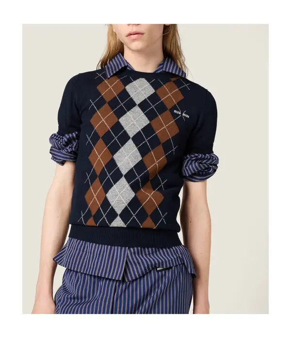 Miu Miu Cashmere Crew-neck Sweater With Argyle Pattern