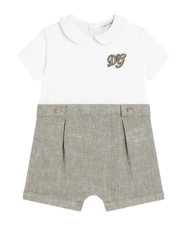 Dolce & Gabbana Interlock And Linen Romper With Dg Embroidery - Gray