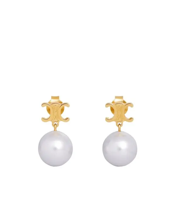 Celine Les Perles Earrings In Brass With Gold Finish And Resin Pearls - White