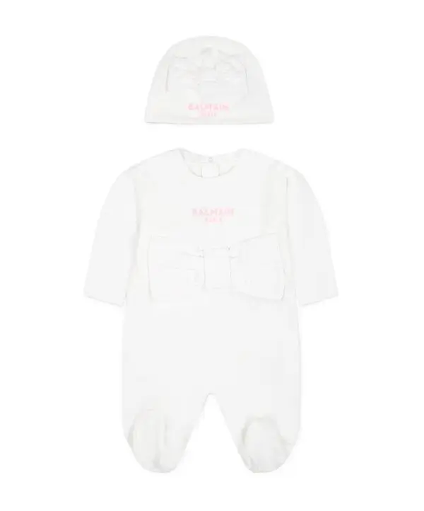 Balmain Logo-embroidered Cotton Babygrow Set With Hat - White