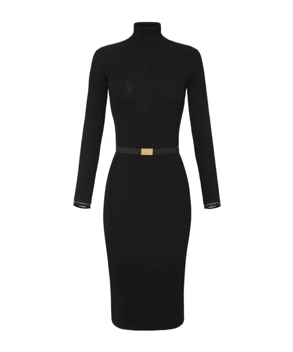 Elisabetta Franchi Ribbed Knit Belted Dress - Black