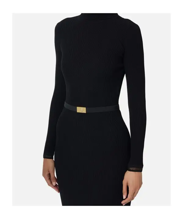 Elisabetta Franchi Ribbed Knit Belted Dress - Black