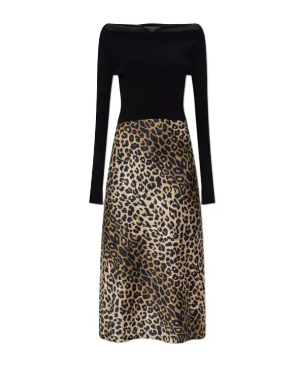 ALLSAINTS Leopard Print Off-shoulder Long Sleeve Dress - Black