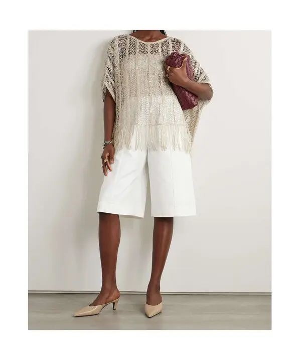 Brunello Cucinelli Embellished Tasseled Knit Poncho