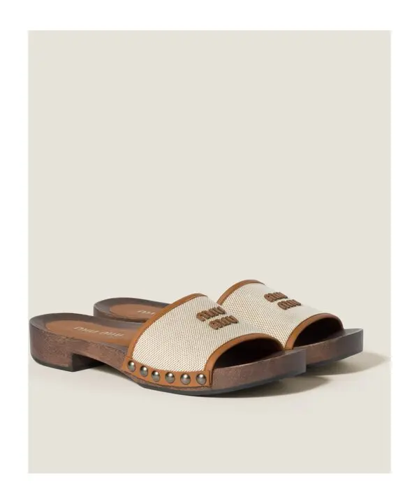 Miu Miu Canvas And Leather Clogs With Wooden Sole - Beige/brandy