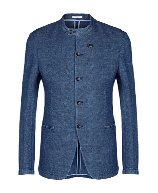 Emporio Armani Button Band Collar Long Sleeve Jacket - Blue