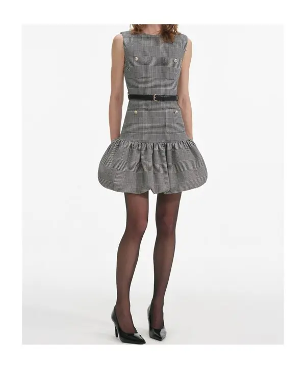 SELF-PORTRAIT Checked Dress With Pleated Skirt