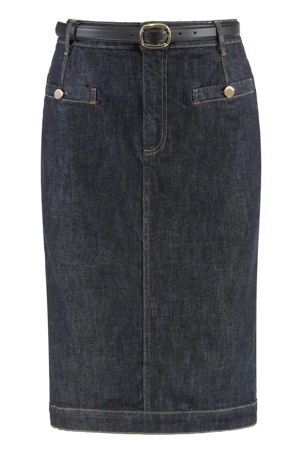 SELF-PORTRAIT Belted Waist Denim Midi Skirt - Indigo