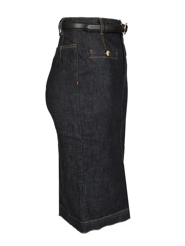 SELF-PORTRAIT Belted Waist Denim Midi Skirt