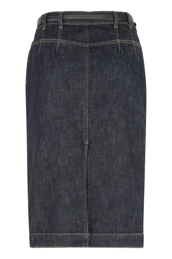 SELF-PORTRAIT Belted Waist Denim Midi Skirt
