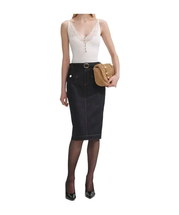 SELF-PORTRAIT Belted Waist Denim Midi Skirt